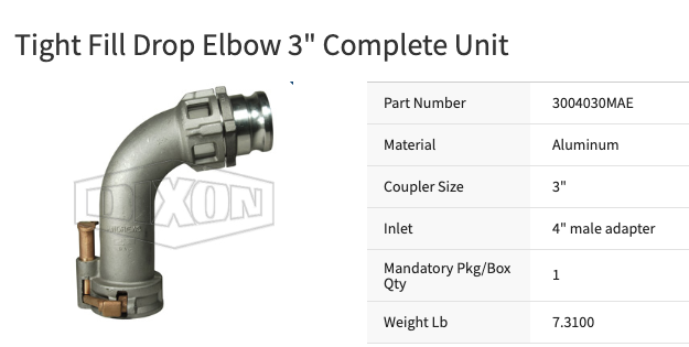 DIXON Tight Fill Drop Elbow, EVERTITE Tight Fill Coupling